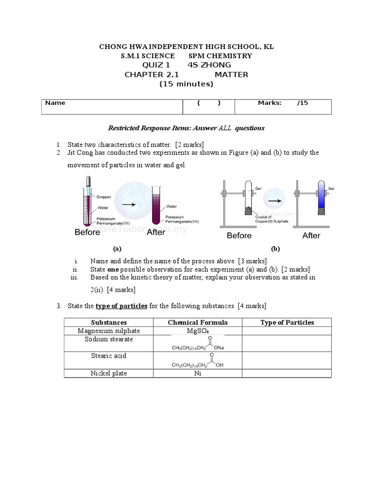 SPM Chemistry Quiz on Matter Concepts | PDF