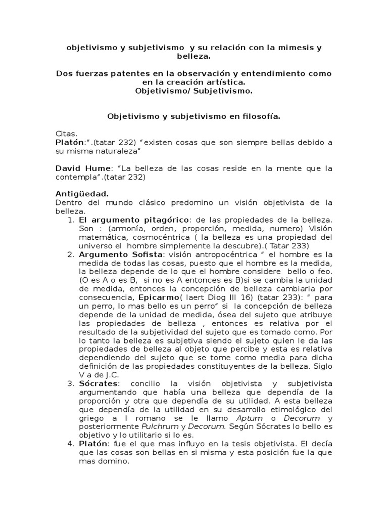 Objetivismo y Subjetivismo y Su Relación Con La Mimesis y Belleza | PDF ...