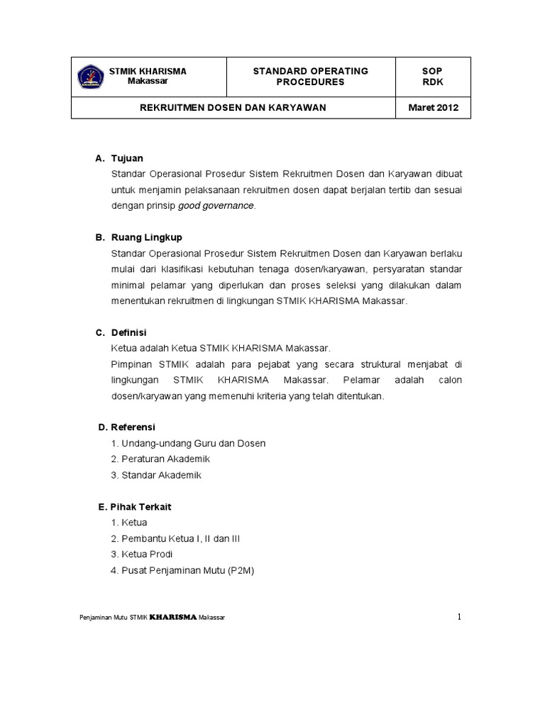CONTOH SOP REKRUTMEN KARYAWAN - O 00501-0001 Rekrutmen Dosen dan Staf ...