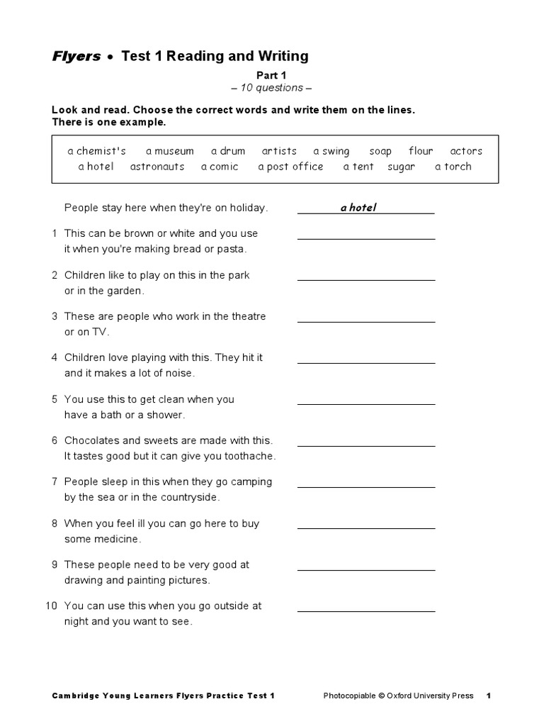 Flyers Reading and Writing Test 1 | PDF