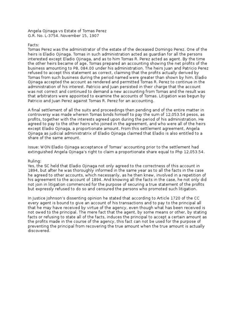 Ojinaga vs. Estate of Tomas Perez Case | PDF | Law Of Agency | Business Law
