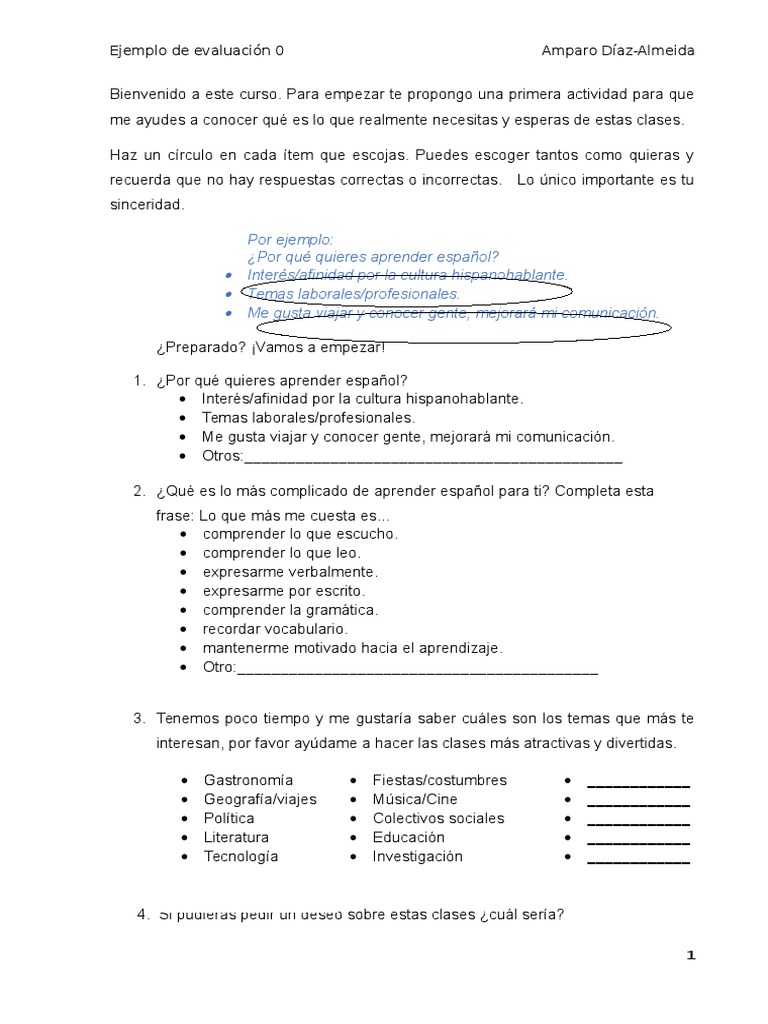 Evaluación Inicial para Aprender Español | PDF | Estudios de idiomas ...