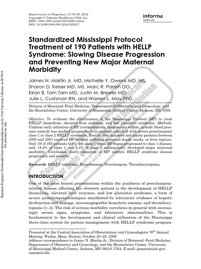 Standardized Mississippi Protocol Treatment of 190 Patients With HELLP ...