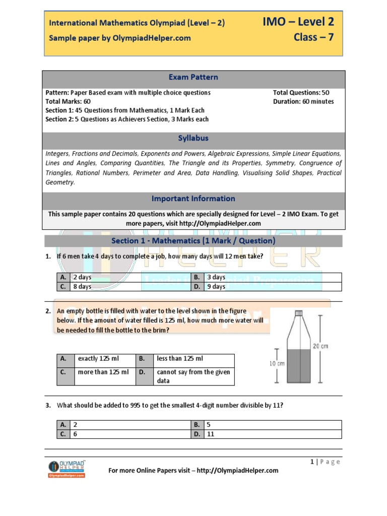 IMO Level 2 Sample Paper Class 7 | Numbers | Test (Assessment)