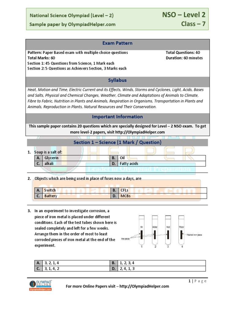 NSO Level 2 Sample Paper Class 7 | Test (Assessment) | Lens (Optics)