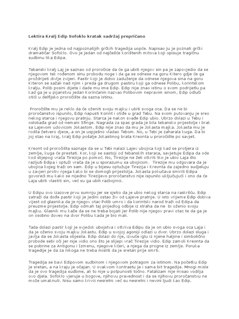Lektira Kralj Edip Sofoklo Kratak Sadržaj Prepričano | PDF