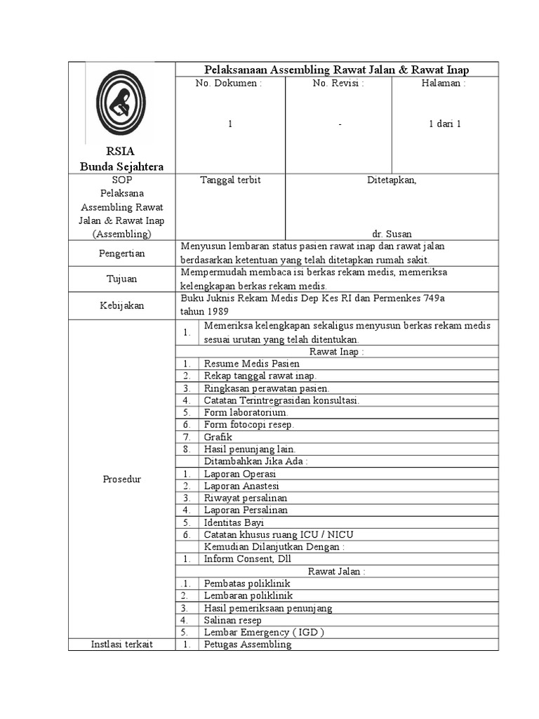 SOP Assembling dan Coding Rekam Medis | PDF | Pengembangan Diri | Sains & Matematika