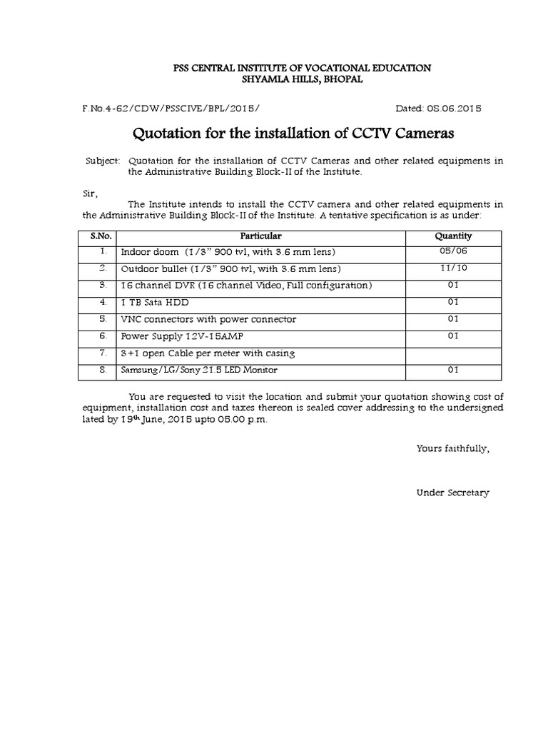 Quotation For The Installation of CCTV Cameras | PDF | Technology ...
