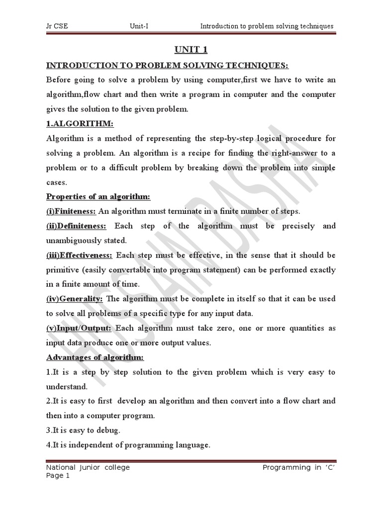 Unit 1: JR CSE Unit-I Introduction To Problem Solving Techniques | PDF | Algorithms | Computer ...