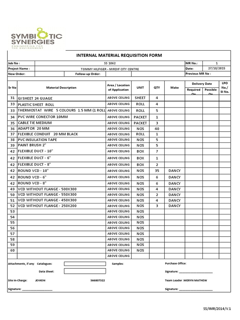 Internal Material Requisition Form: MR No.: Project Name: Date: New ...