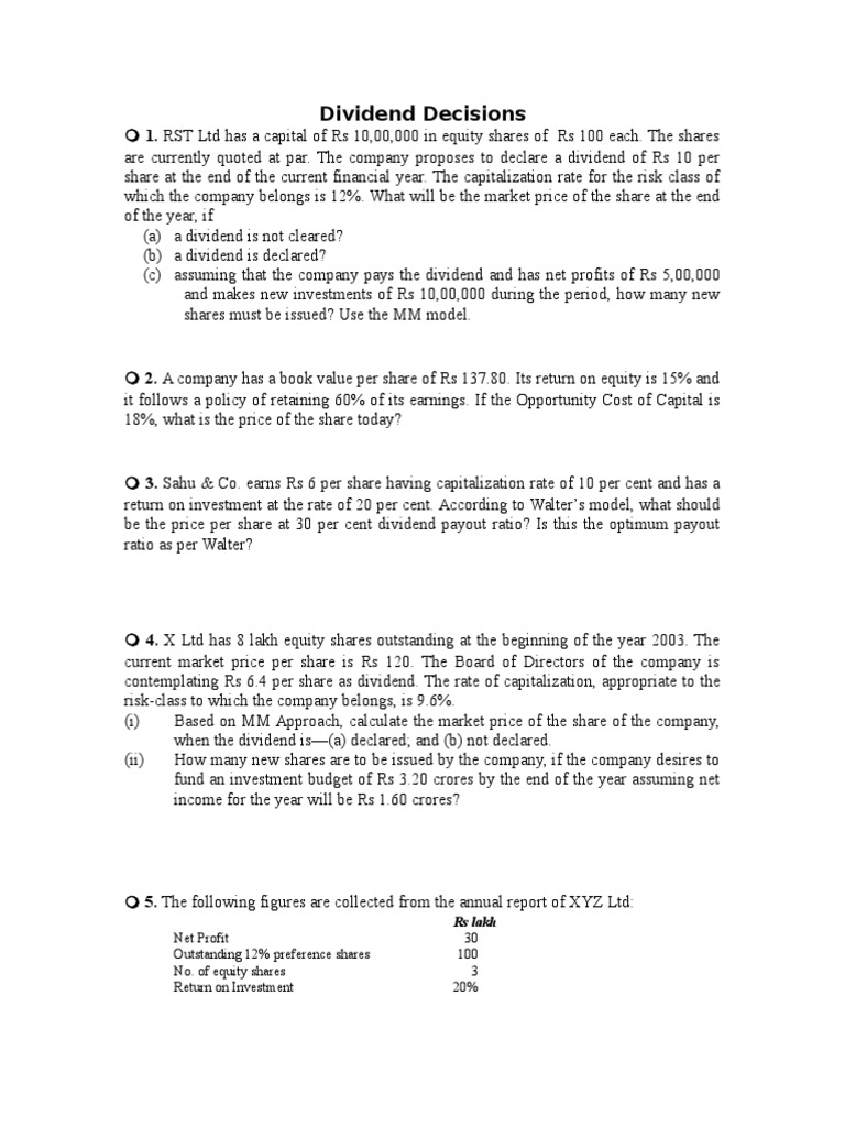 Dividend Decisions Explained Through MM Model Examples | PDF | Dividend ...