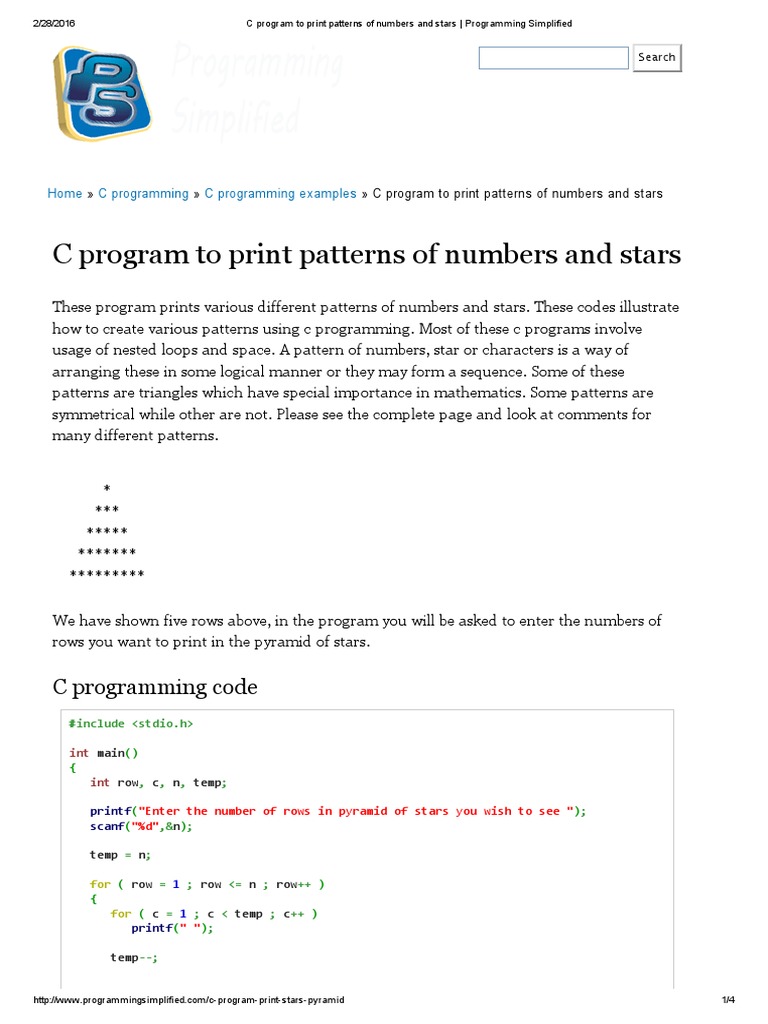 C Program To Print Patterns of Numbers and Stars - Programming Simplified | PDF | Computer ...