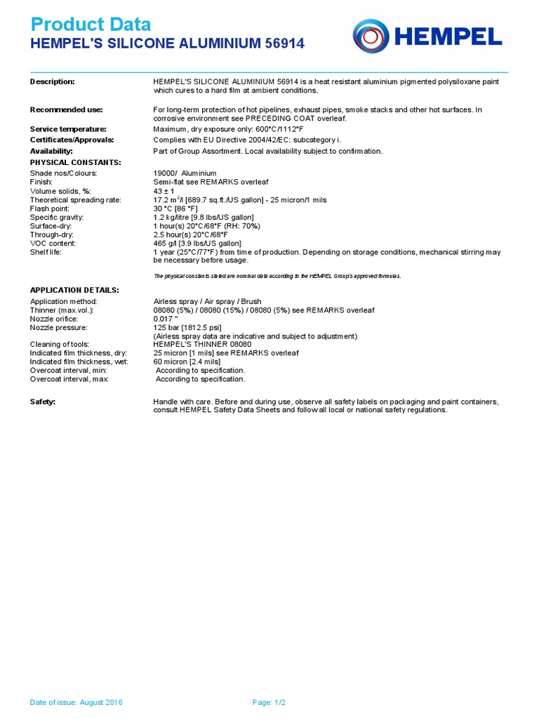 Hempel Silicone Aluminium 56914 Data Sheet | PDF | Paint | Hypothermia