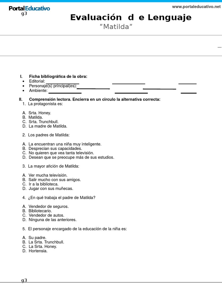 Prueba Libro Matilda | PDF | Sicología