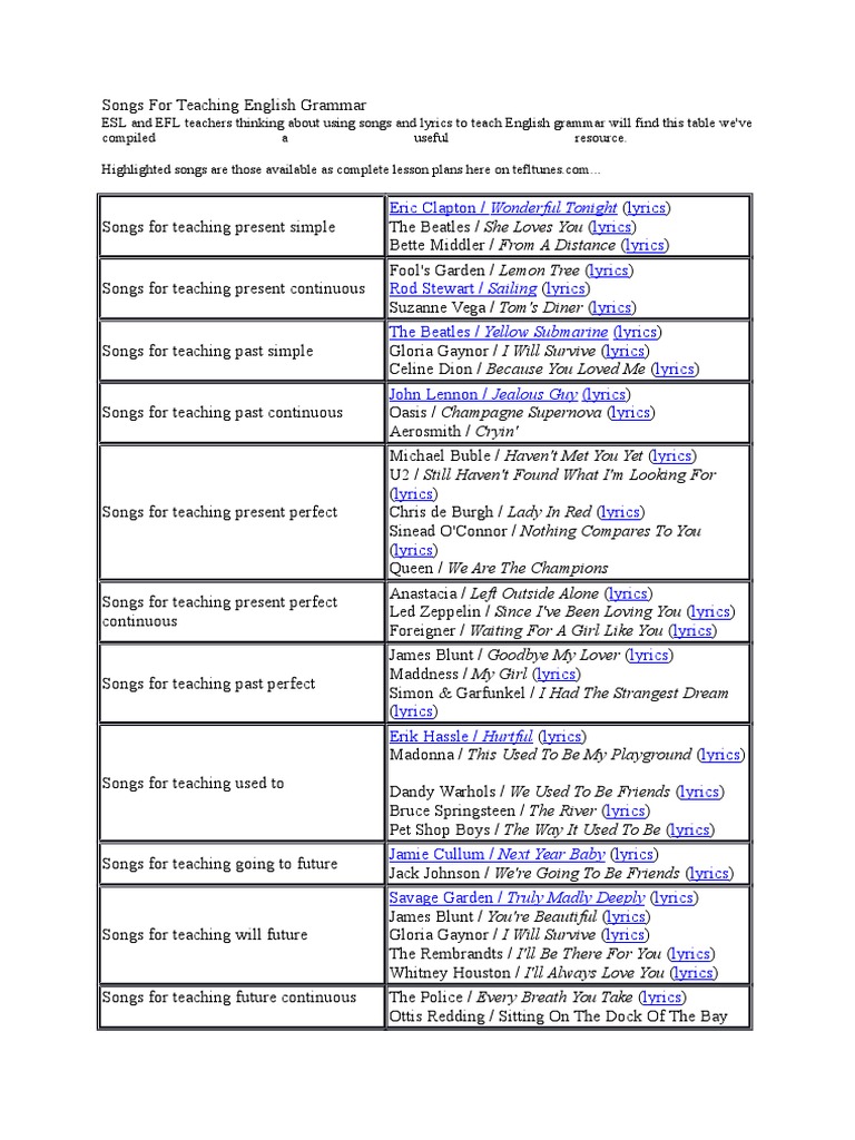 Songs For Teaching English Grammar | PDF | English As A Second Or ...