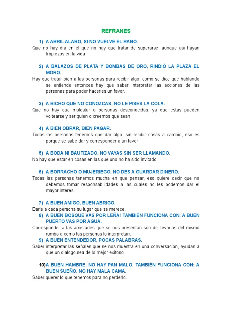 20 Refranes y 20 Dichos