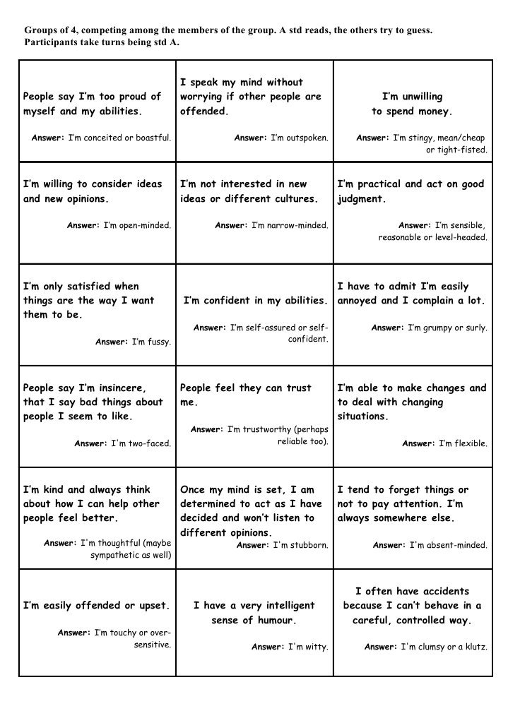 Personality Adjectives - Advanced Vocabulary Game | PDF | Cognition ...