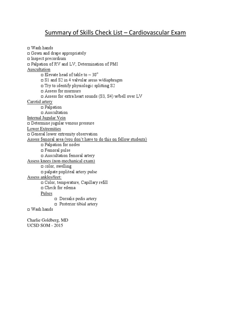Cardiovascular Exam Skills CheckList | PDF Cardiovascular Exam Skills CheckList | PDF