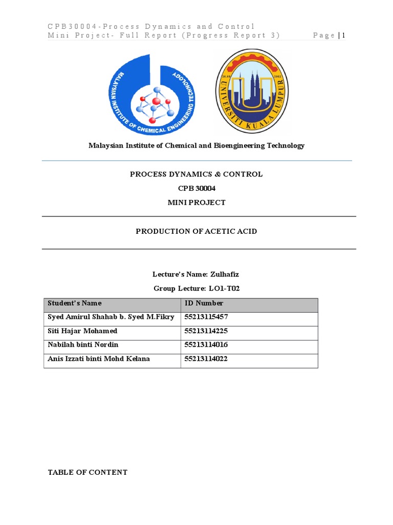 CPB30004 Process Dynamics and Control Mini Project: Production of ...