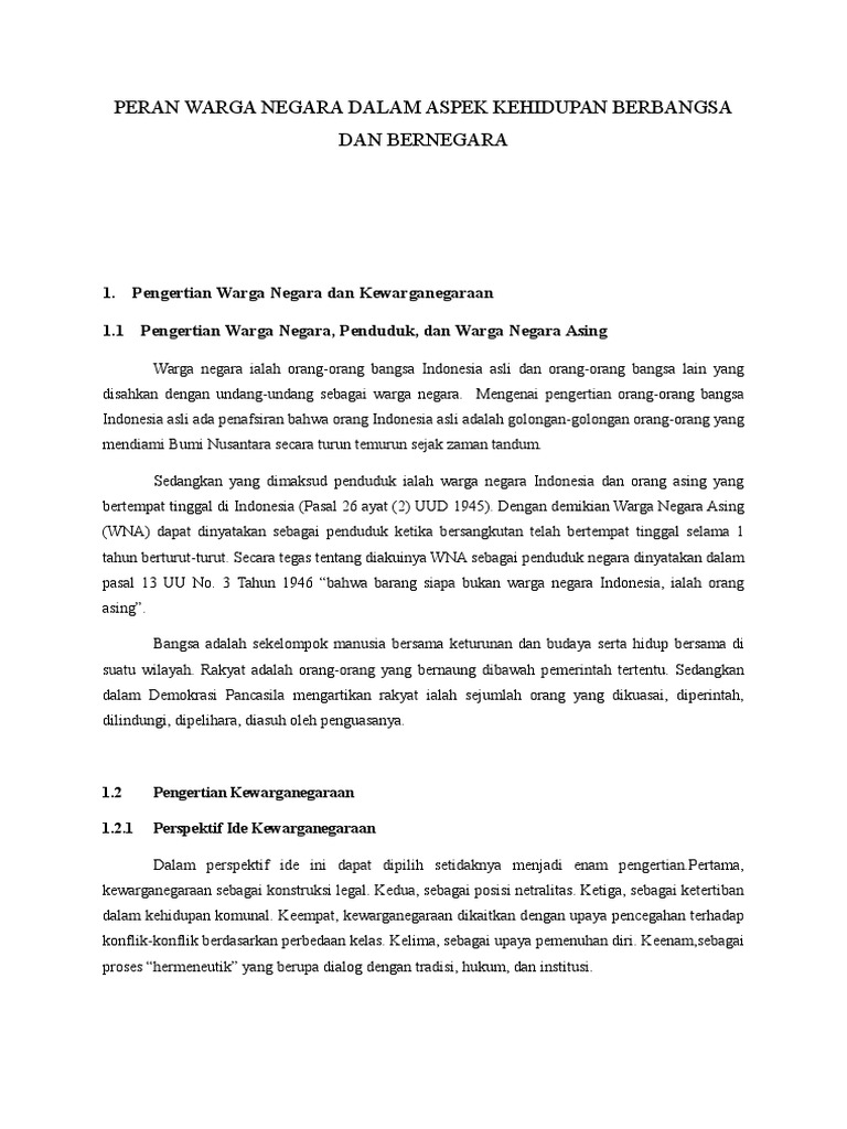 Peran Warga Negara Dalam Aspek Kehidupan Berbangsa Dan Bernegara | PDF