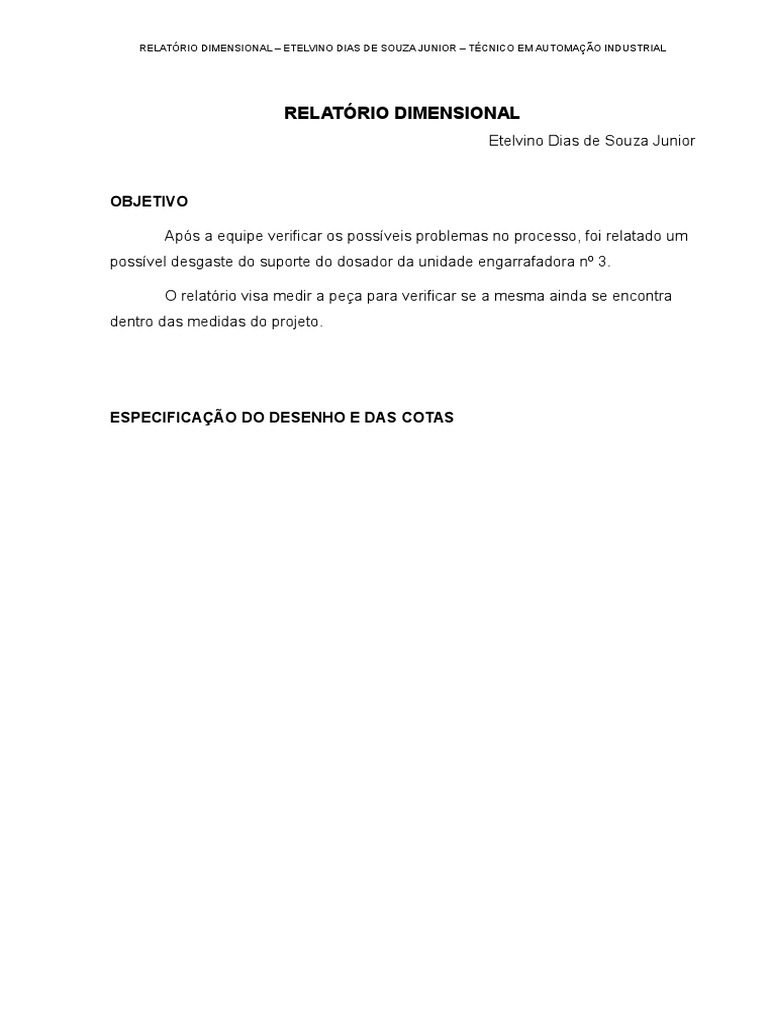 Medição e Elaboração de Relatório Dimensional Do Suporte Da Dosadora ...