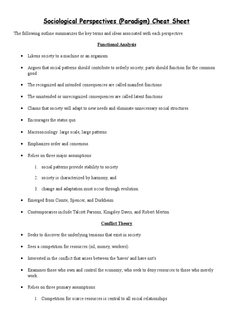 Sociological Perspectives Overview Cheat Sheet | PDF | Social Structure ...
