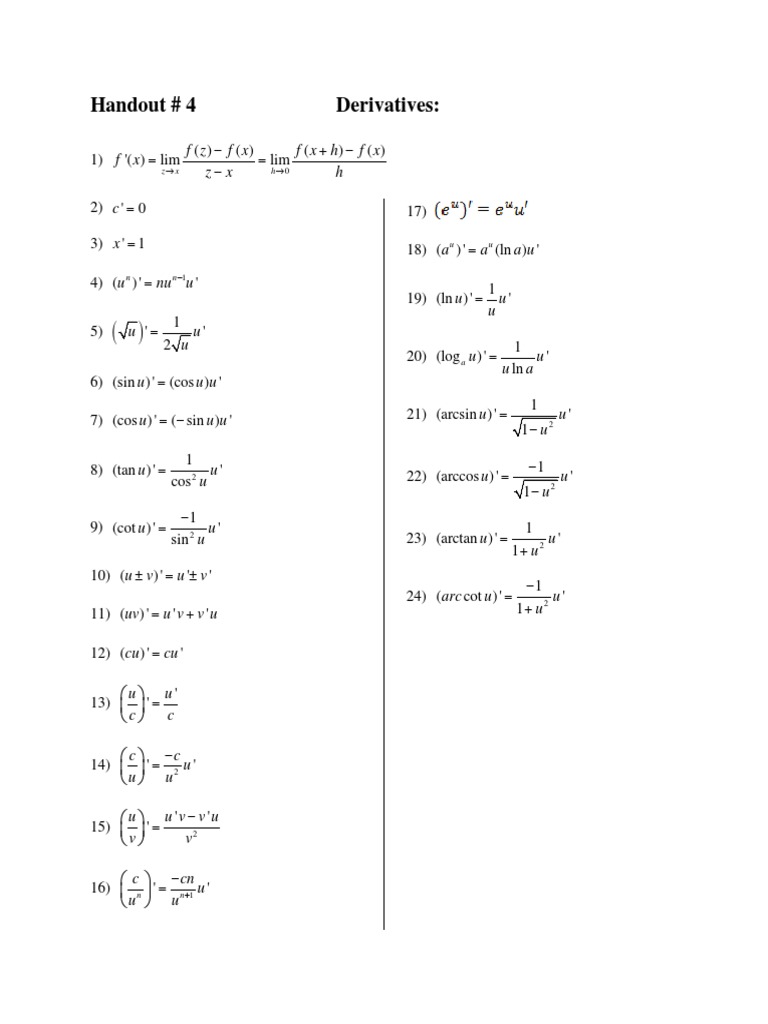 Handout # 4 Derivatives:: A A Au | Download Free PDF | Special ...