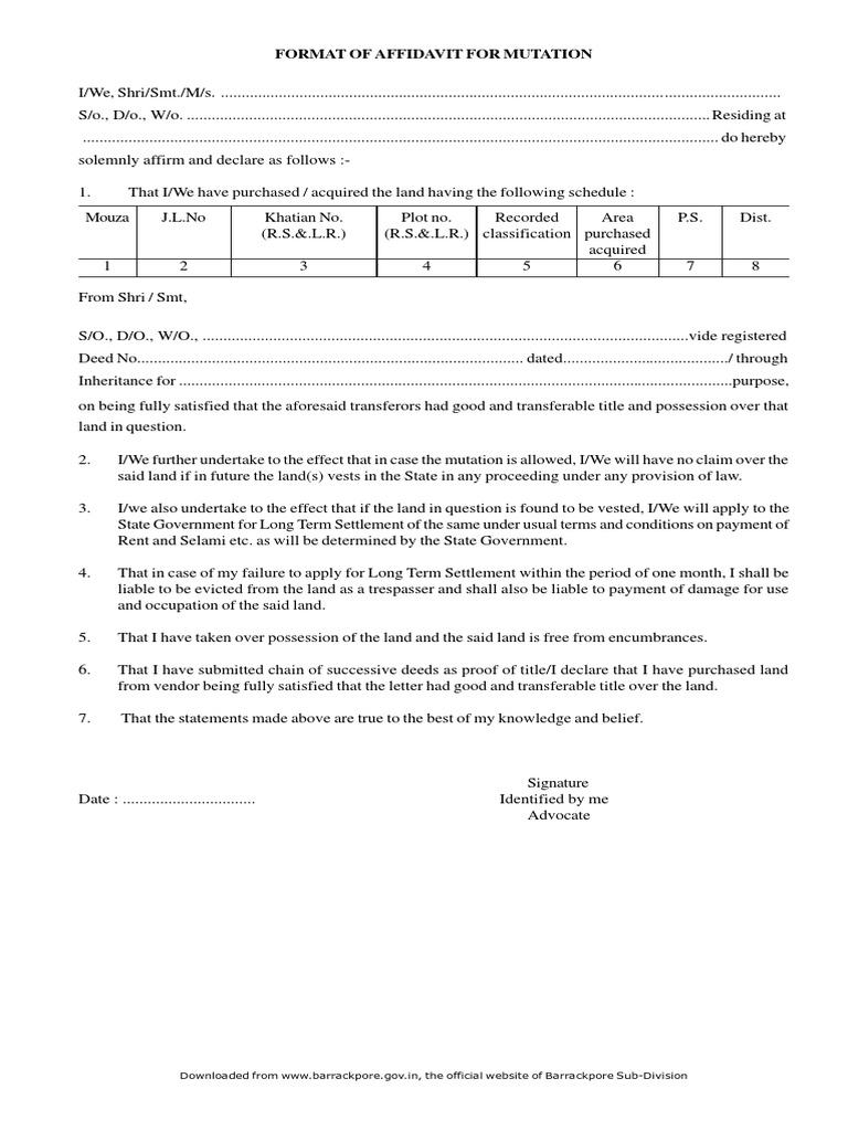 SDO-BKP - Format of Affidavit For Mutation PDF | PDF | Virtue | Private Law