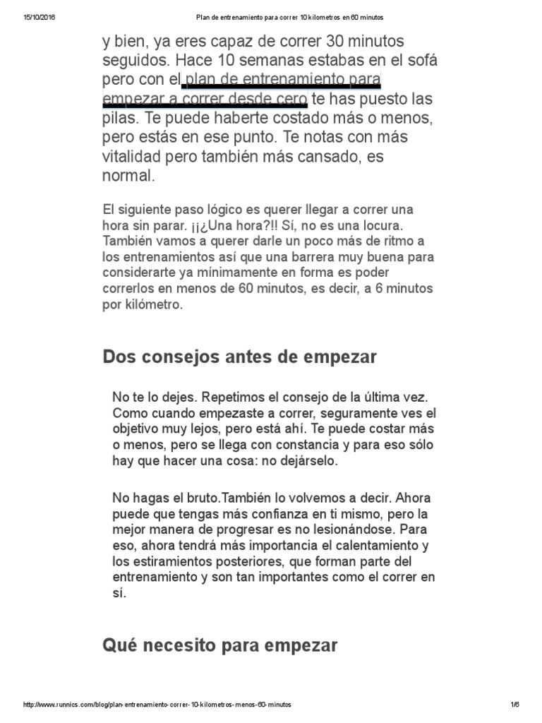 Plan de Entrenamiento para Correr 10 Kilometros en 60 Minutos | PDF | Ocio