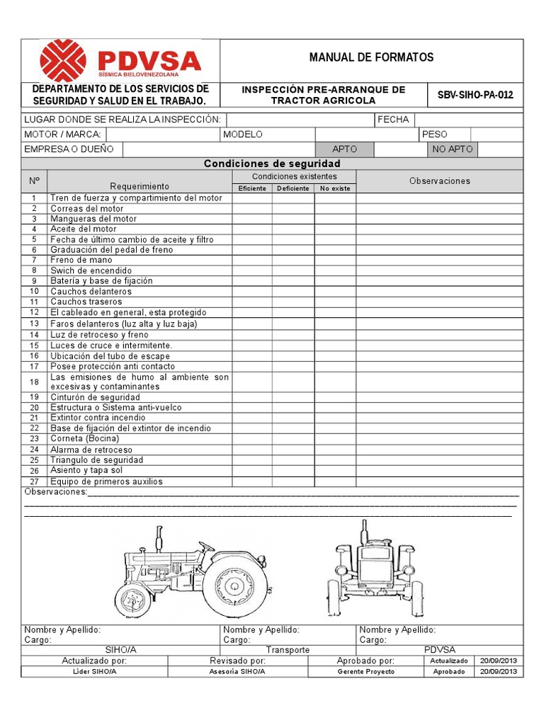 Sbv-siho-pa-012. Inspeccion Pre-Arranque de Tractor Agricola