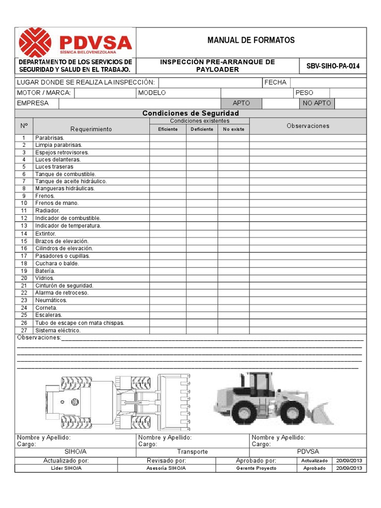 SBV Siho Pa 014. Inspeccion Pre Arranque de Payloader | PDF | Bienes ...