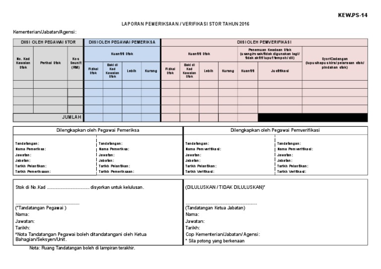 LAMPIRAN KEW - ps-14 (Laporan Pemeriksaan Verifikasi Stor) | PDF