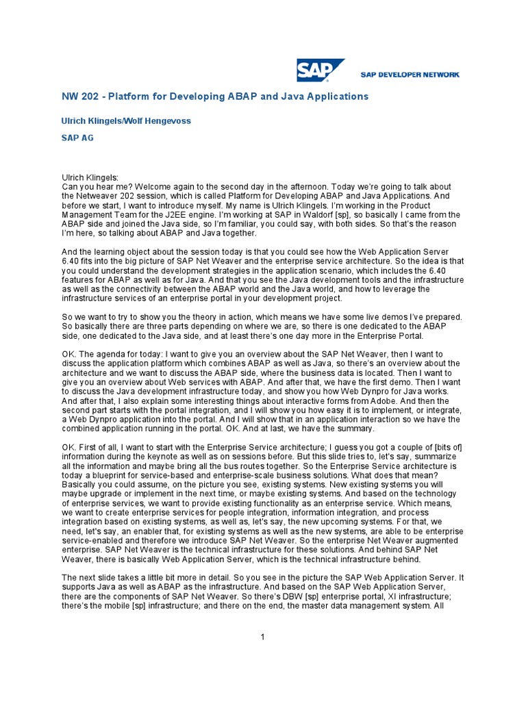 NW 202 - Platform For Developing ABAP and Java Applications: Ulrich Klingels/Wolf Hengevoss Sap ...