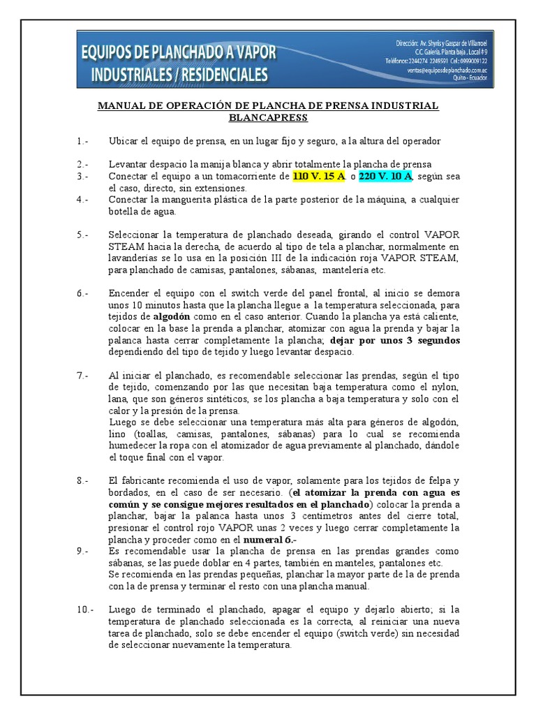 Manual de Operación de Plancha de Prensa Blancapress | PDF | Ropa | Science