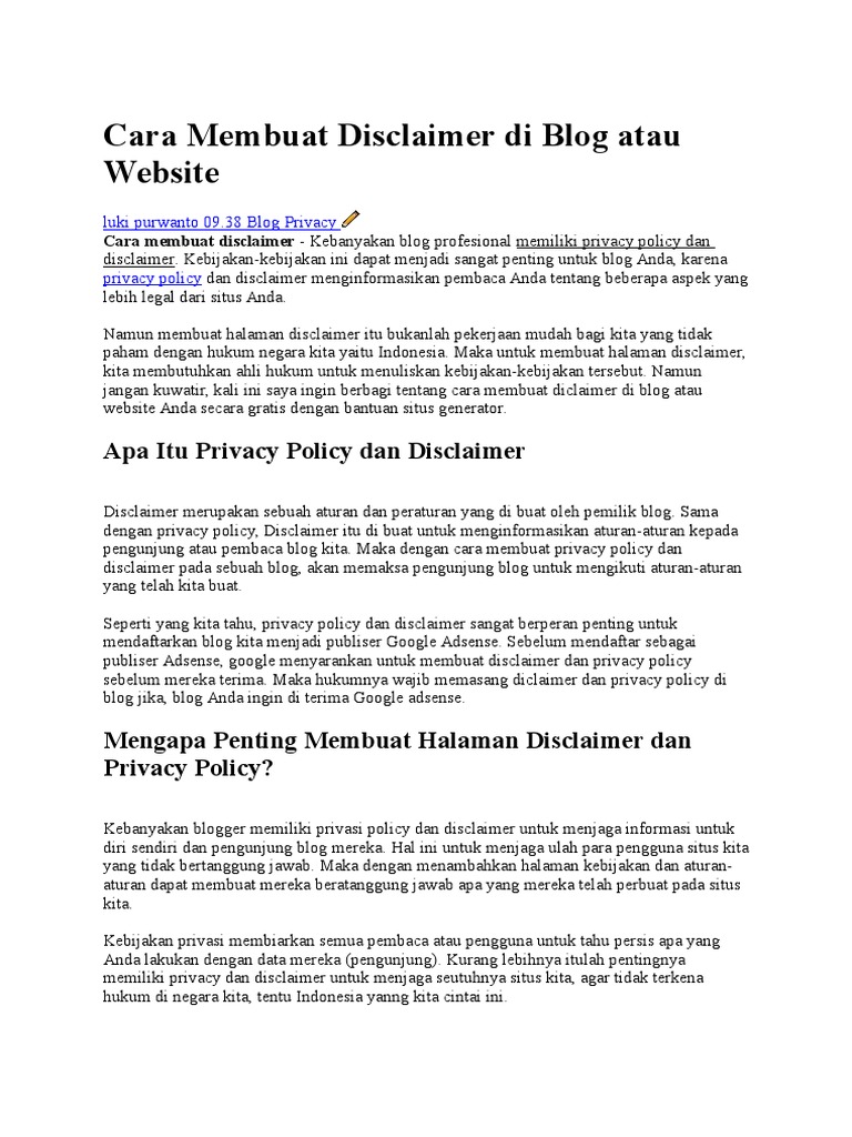 Cara Membuat Disclaimer Di Blog Atau Website | PDF