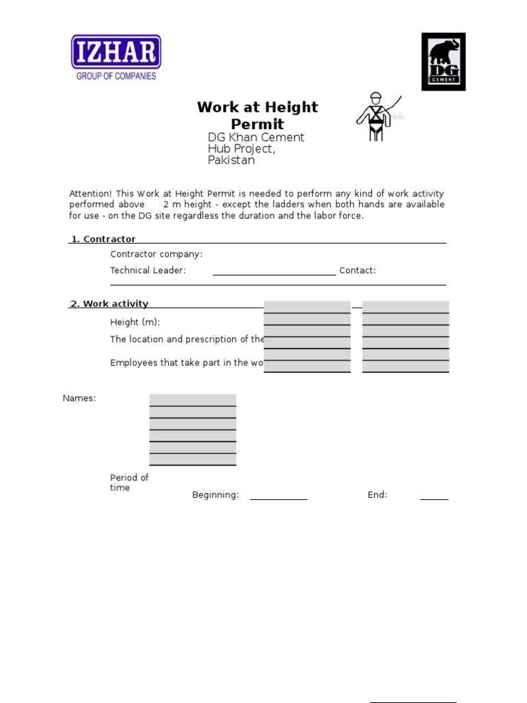 Work at Height Permit: DG Khan Cement Hub Project, Pakistan | PDF