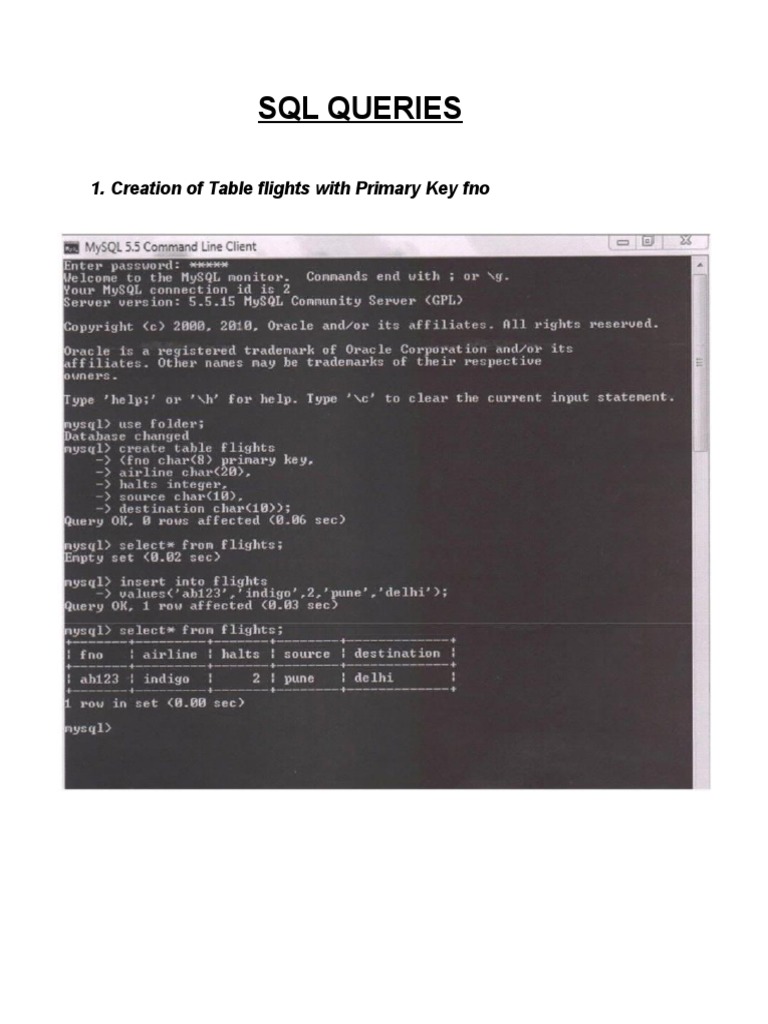 SQL Queries: 1. Creation of Table Flights With Primary Key Fno | PDF