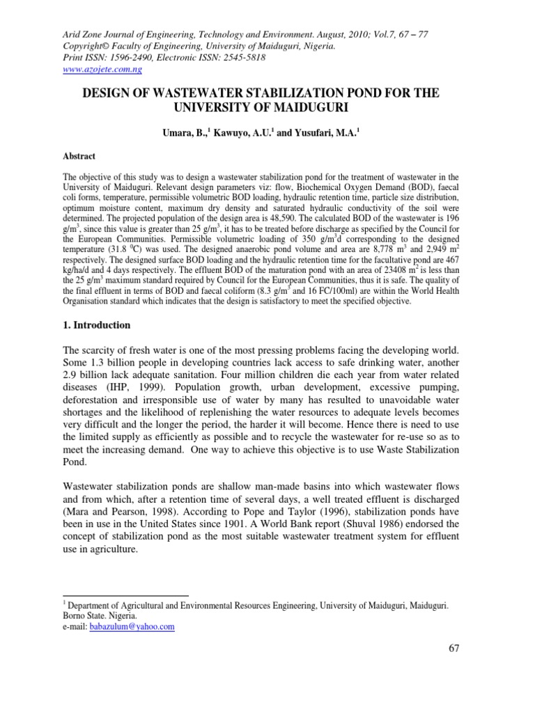Design of Wastewater Stabilization Pond For The University of Maiduguri ...