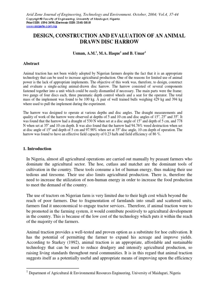 Design, Construction and Evaluation of An Animal Drawn Disc Harrow ...