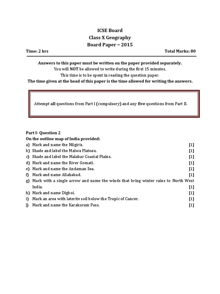 ICSE Board Class X Geography Board Paper - 2015 | Download Free PDF ...