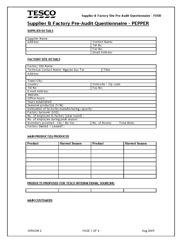 Pre Audit Questionnaire | PDF | Hygiene | Safety