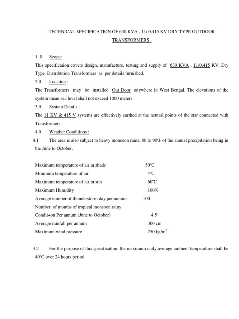 Technical Specification of 630 Kva, 11 - 0.415 KV Dry Type Outdoor Transformers . | PDF ...