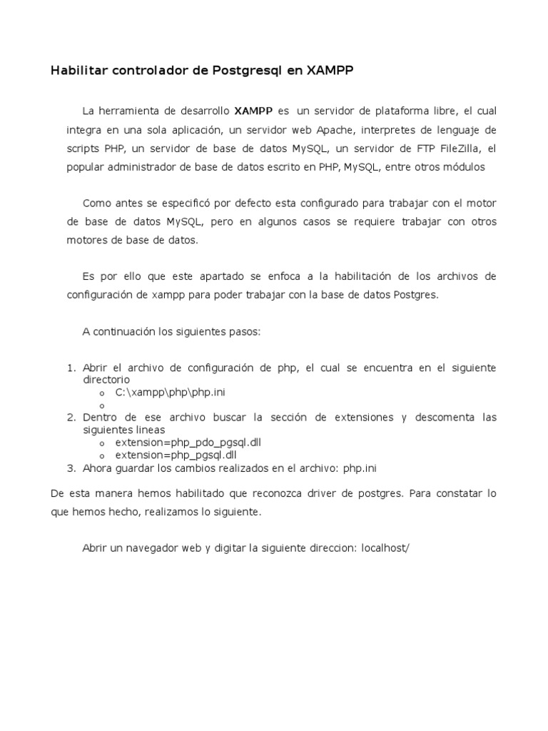 Habilitar Controlador de Postgresql en XAMPP | PDF