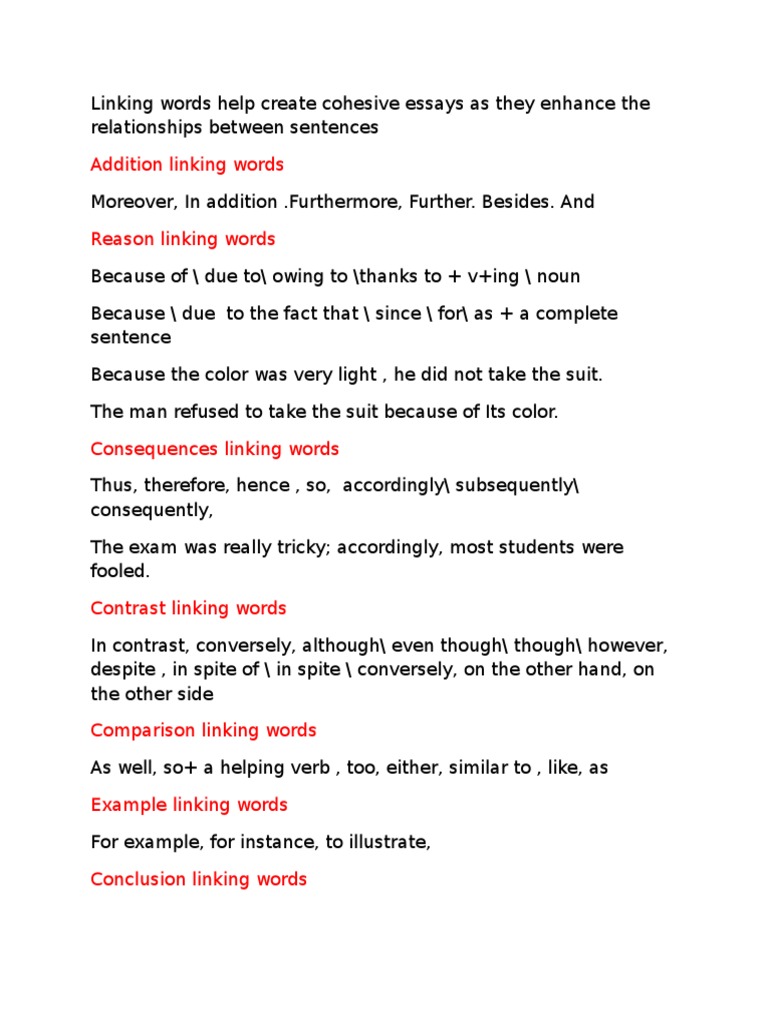 Essential Linking Words for Cohesive Essays | PDF