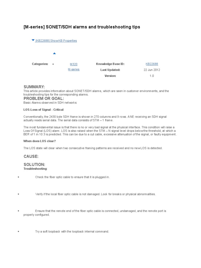 Troubleshooting SONET/SDH alarms | PDF | Optical Fiber | Computer ...