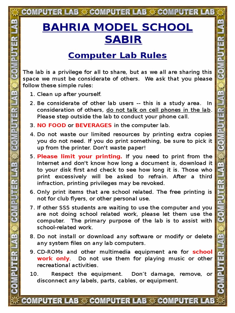 Bahria Model School Sabir: Computer Lab Rules | PDF
