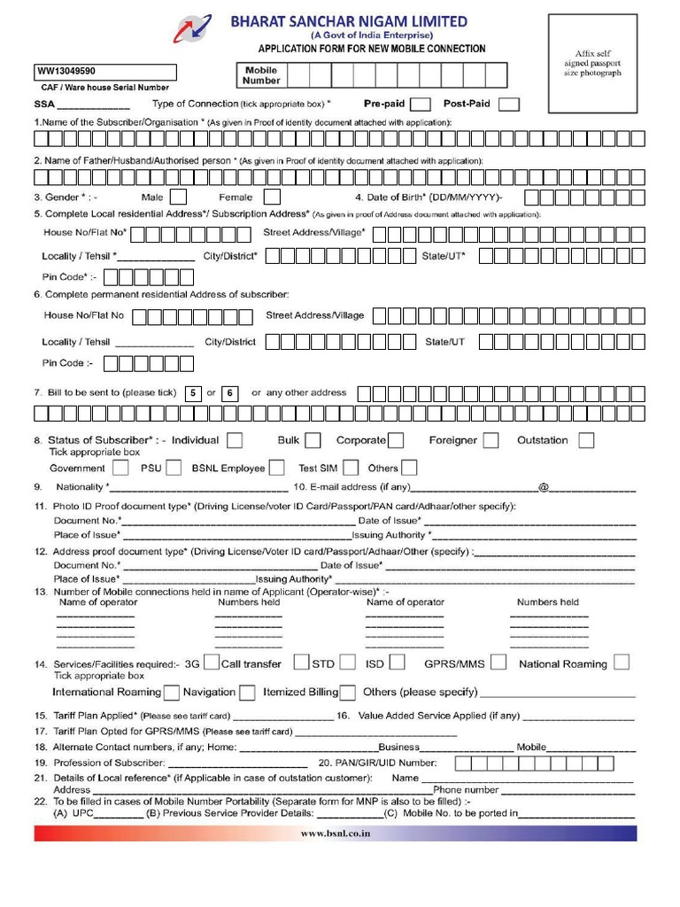 BSNL Customer Application Form - CAF | PDF