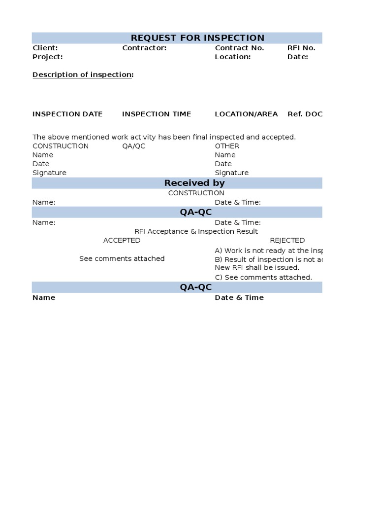Request For Inspection: Client: Contractor: Contract No. Rfi No ...