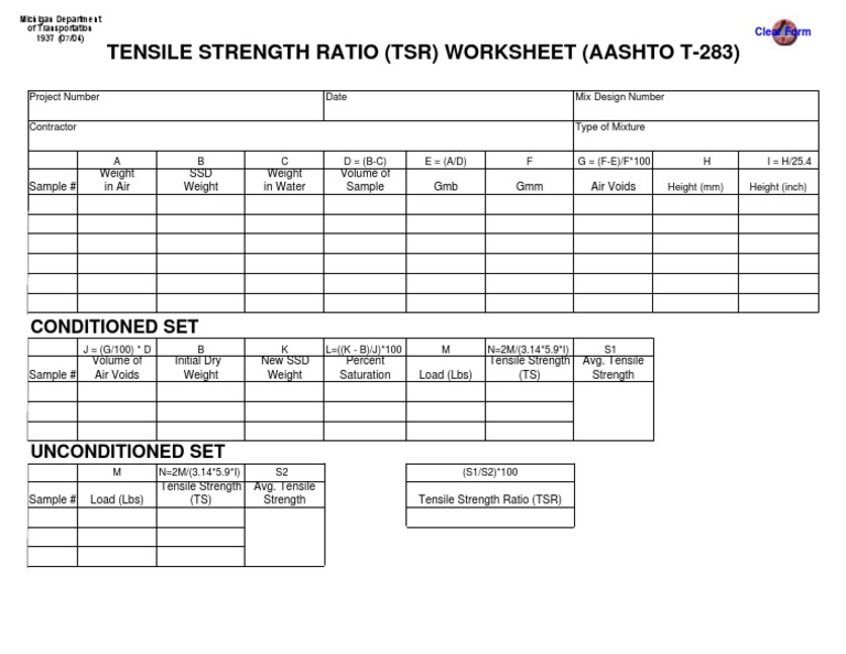 Tensile Strength Ratio (TSR) Worksheet (Aashto T-283) : Conditioned Set ...