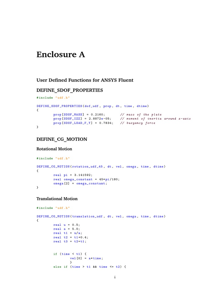 Enclosure A: User Defined Functions For ANSYS Fluent Define - Sdof ...